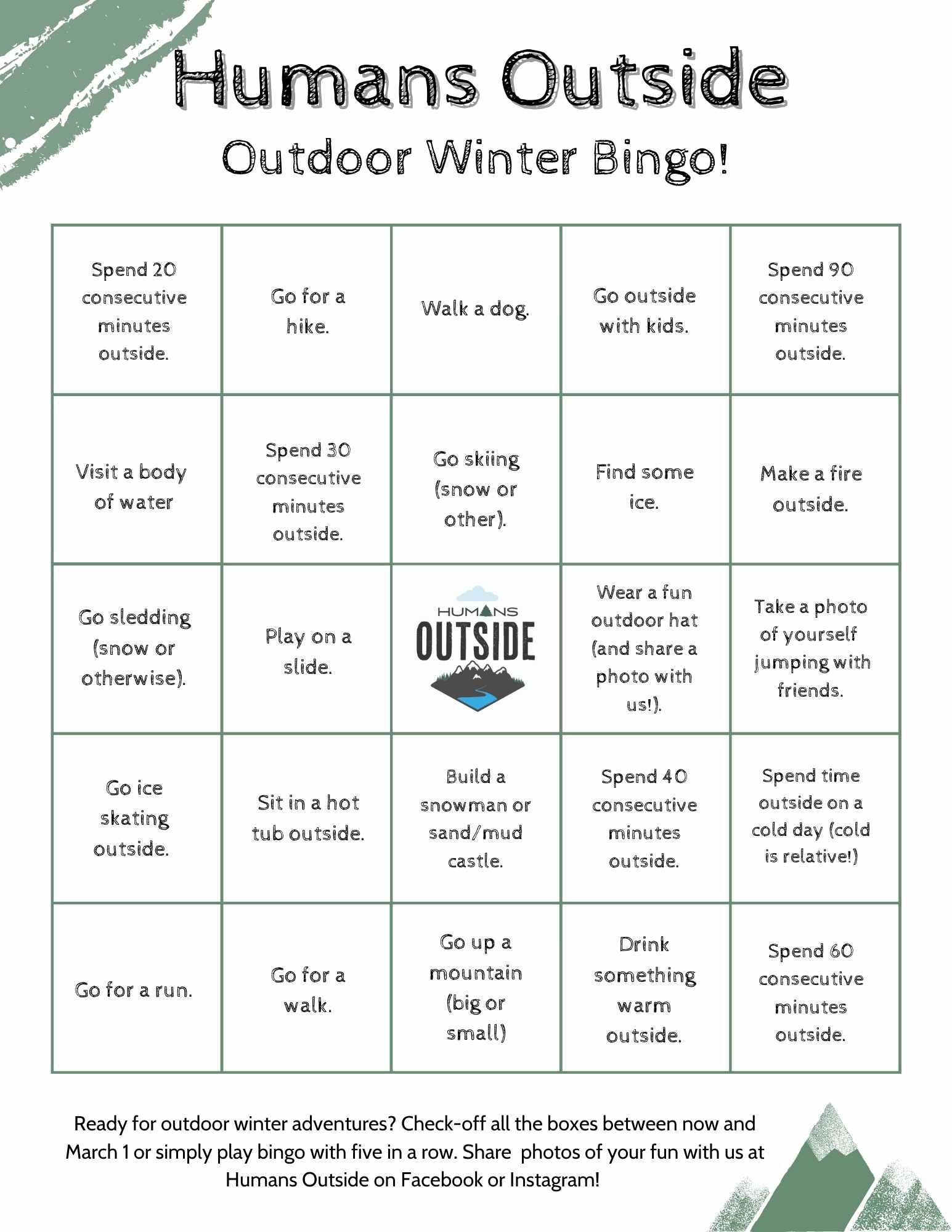 Outdoor Winter Bingo (Free Download) - Humans Outside